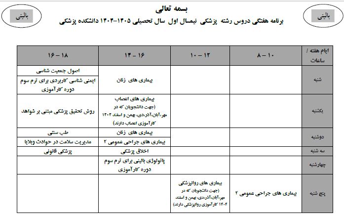 برنامه هفتگی دروس رشته پزشکی نیمسال اول سال تحصیلی 1405–1404 دانشکده پزشکی - دانشکده پزشکی
